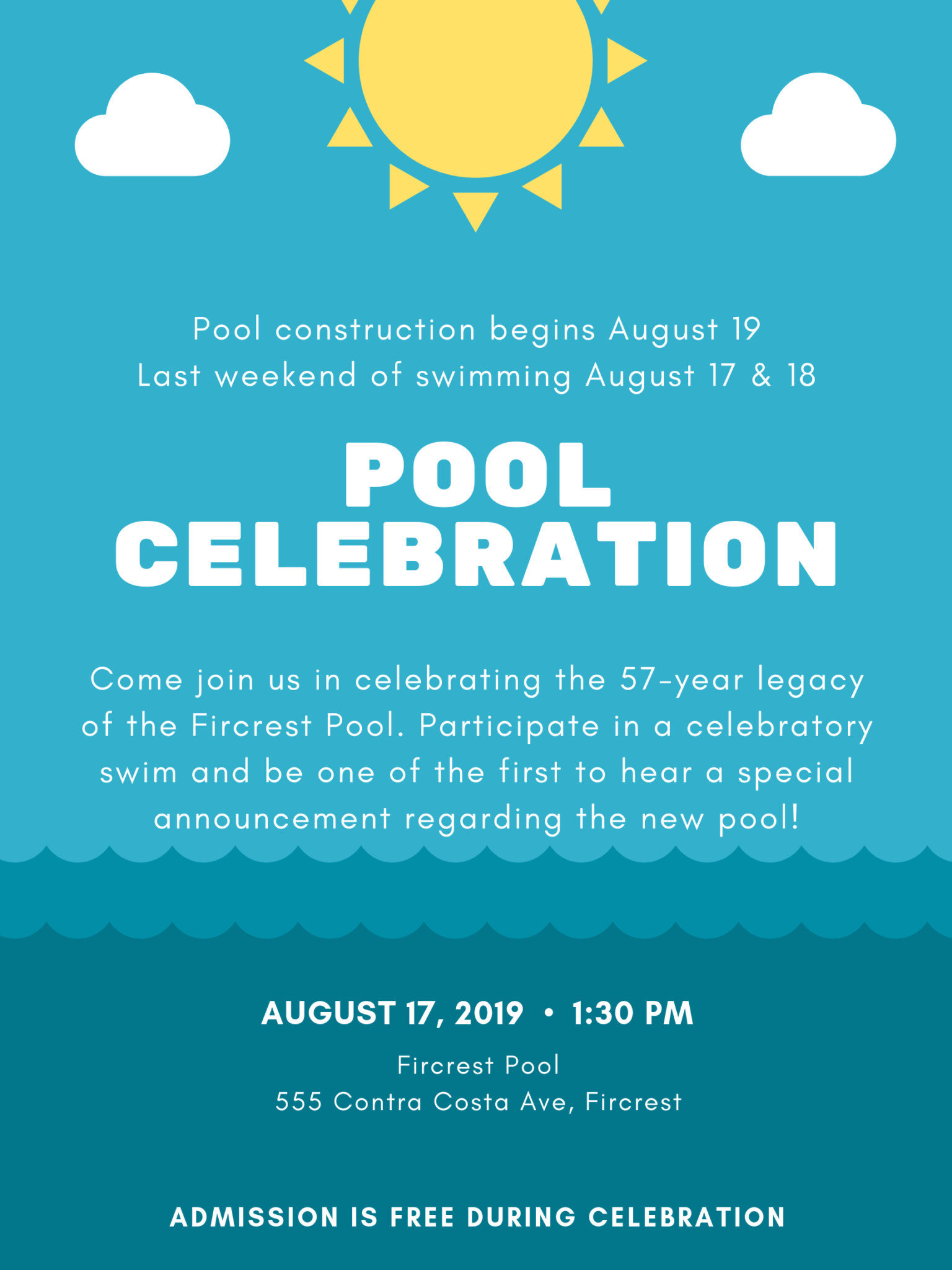 Pool Celebration, Free Swim & Special Announcement! - City of Fircrest
